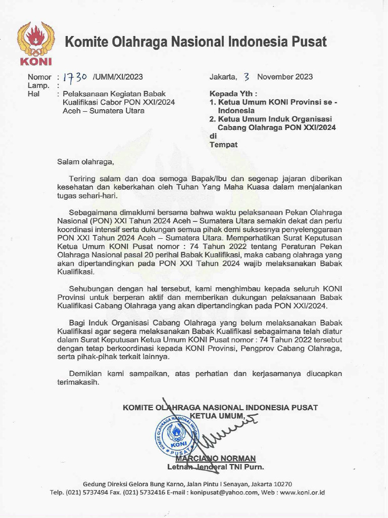 Surat BK PON 2024 Ke KONI Prov Dan PB-PP | PDF