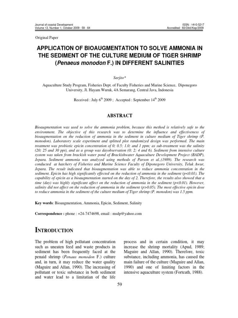 Application of Bioaugmentation To Solve Ammonia in The Sediment of The ...