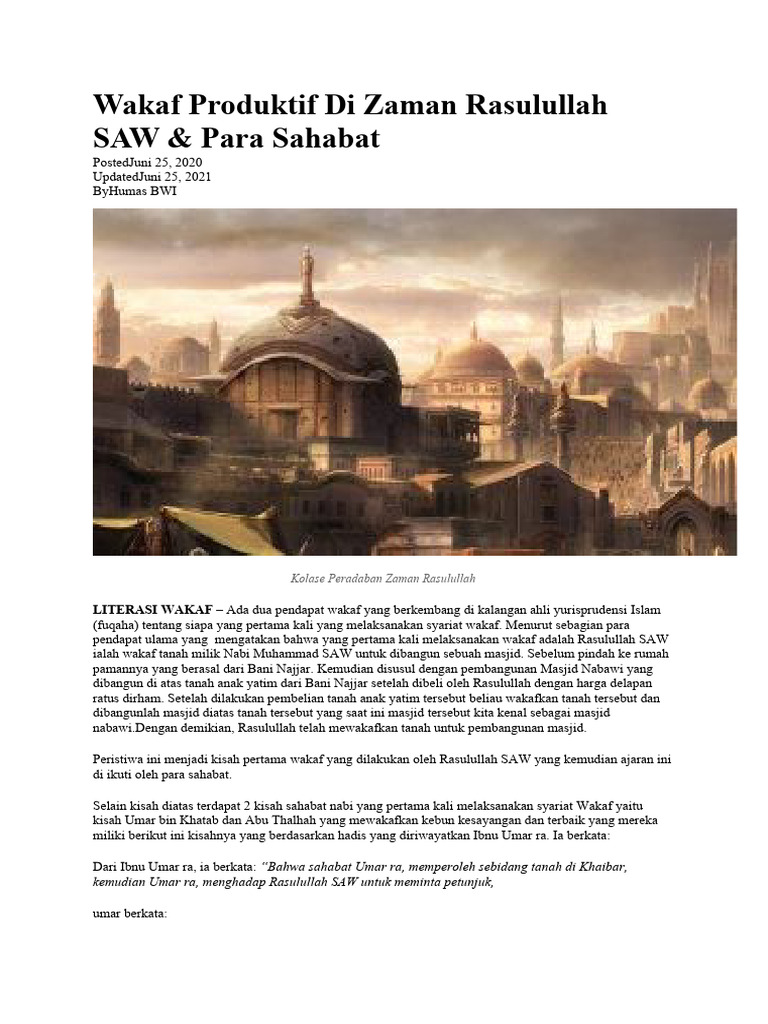 Wakaf Produktif Di Zaman Rasulullah SAW & para Sahabat | PDF