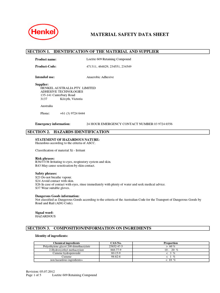 Loctite 609 Safety Data Overview | PDF