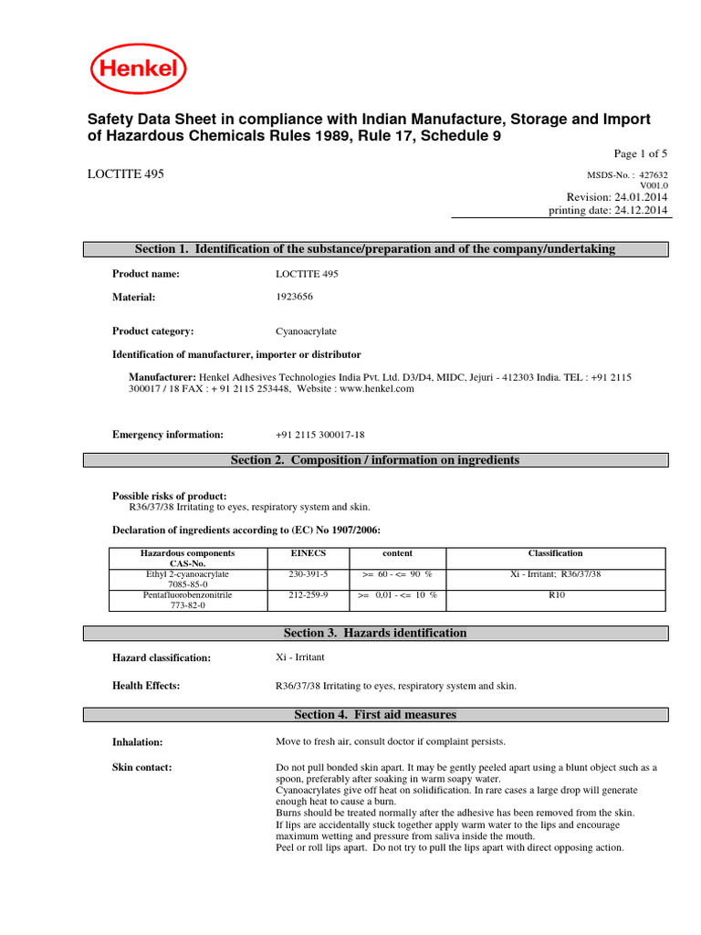 LOCTITE 495 Safety Data Sheet | PDF | Hygiene | Chemistry
