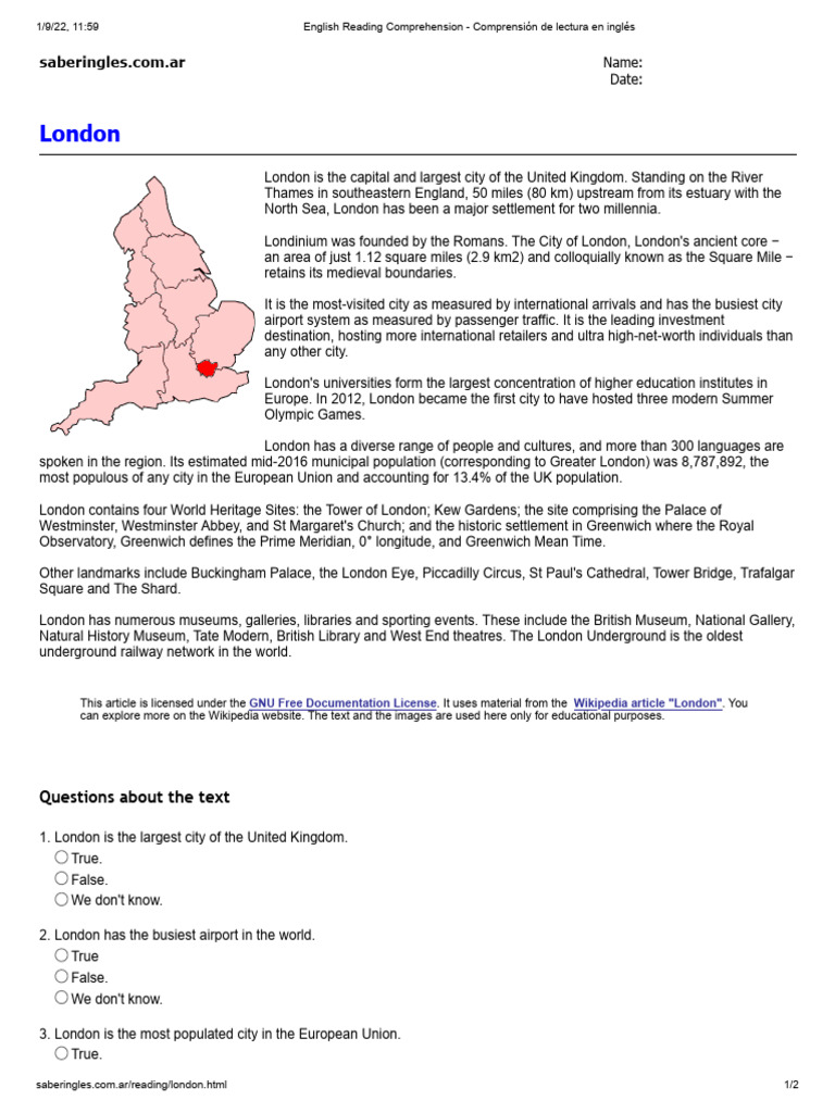 English Reading Comprehension Comprensión De Lectura En Inglés London