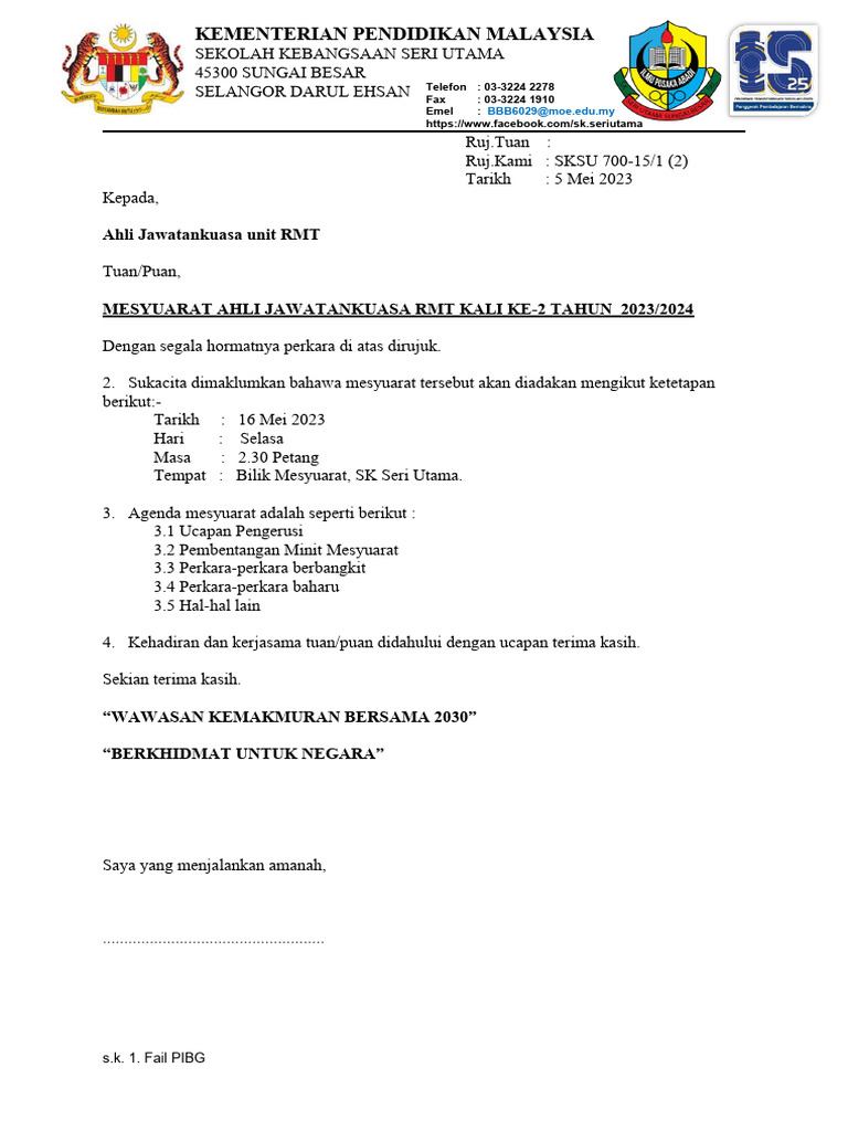 3 Surat Panggilan Mesyuarat RMT KALI 3 2022 | PDF