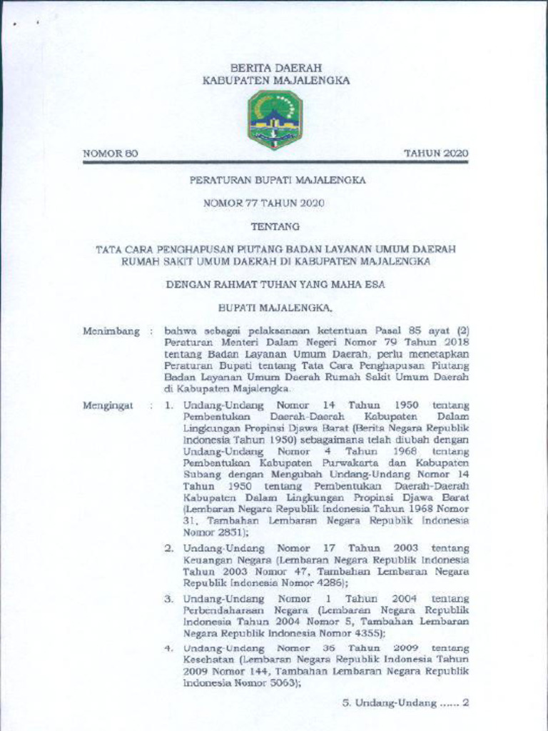 Perbup No 77 Tahun 2020 Fix Tata Cara Penghapusan Piutang BLUD RSUD | PDF