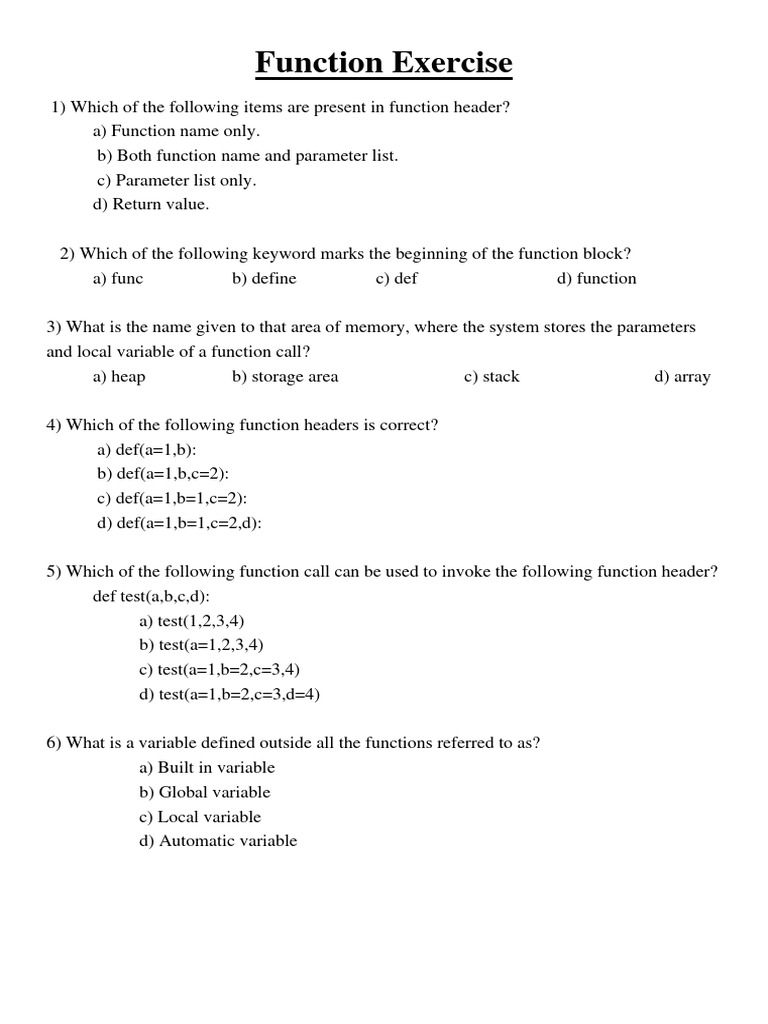 Function Exercise | PDF | Parameter (Computer Programming) | Variable ... Function Exercise | PDF | Parameter (Computer Programming) | Variable ...