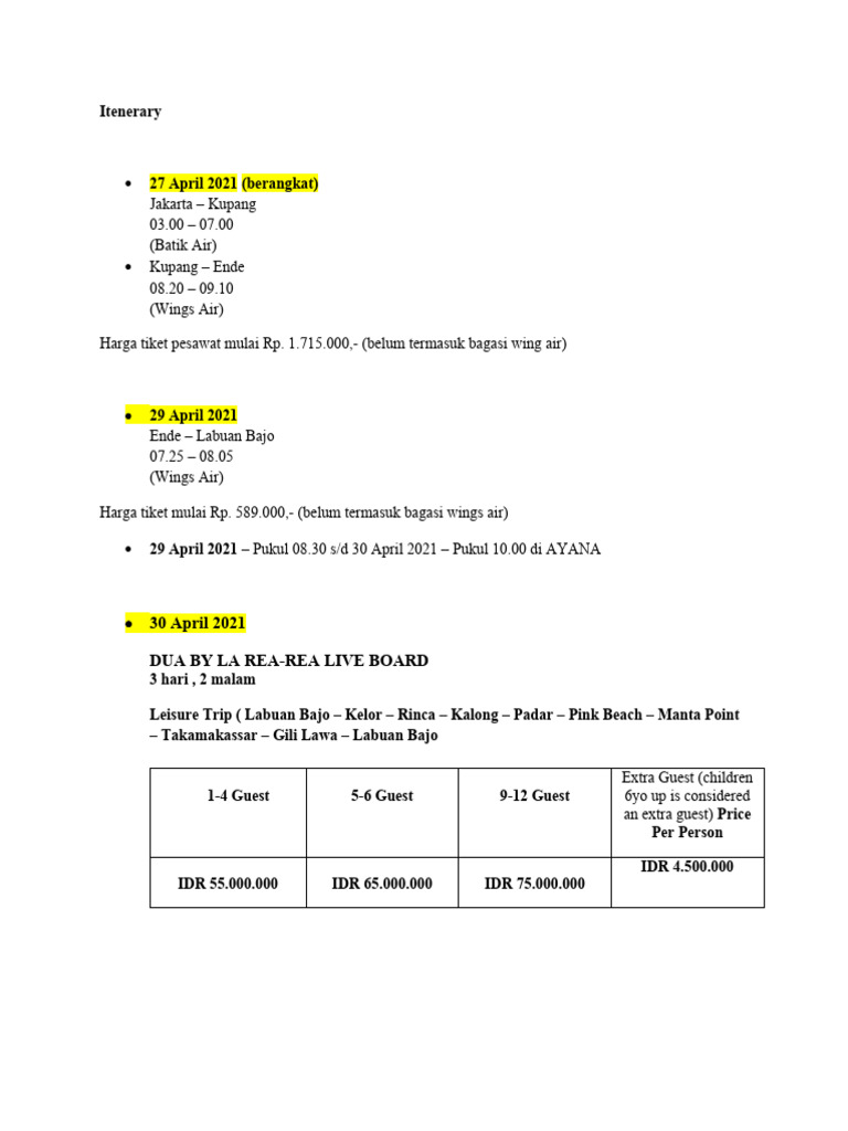 Itenerary Labuan Bajo 27 April 2021 | PDF