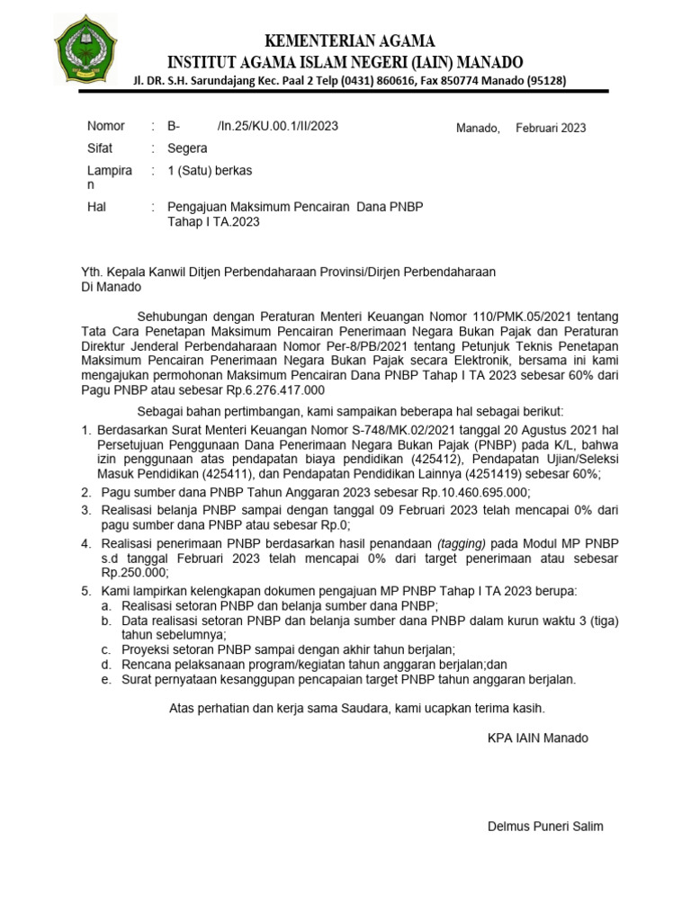 Surat Pengajuan MP Dana PNBP TAHAP 1 TA.2023 | PDF | Pengelolaan ...
