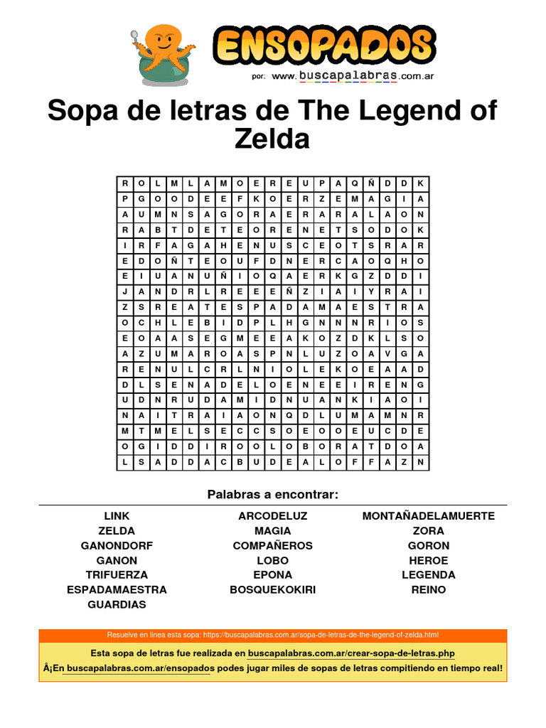 Sopa de Letras de The Legend of Zelda | PDF | Juegos de aventura ...
