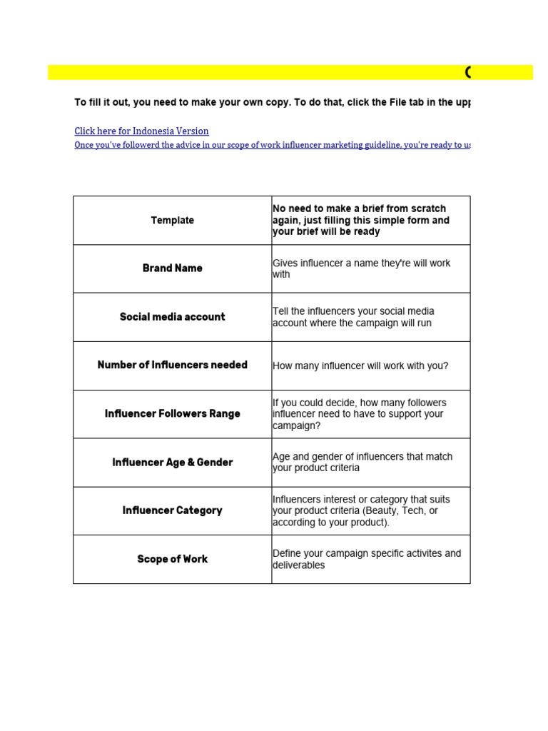 (EN) Influencer Marketing Brief and Scope of Work Template | PDF ...