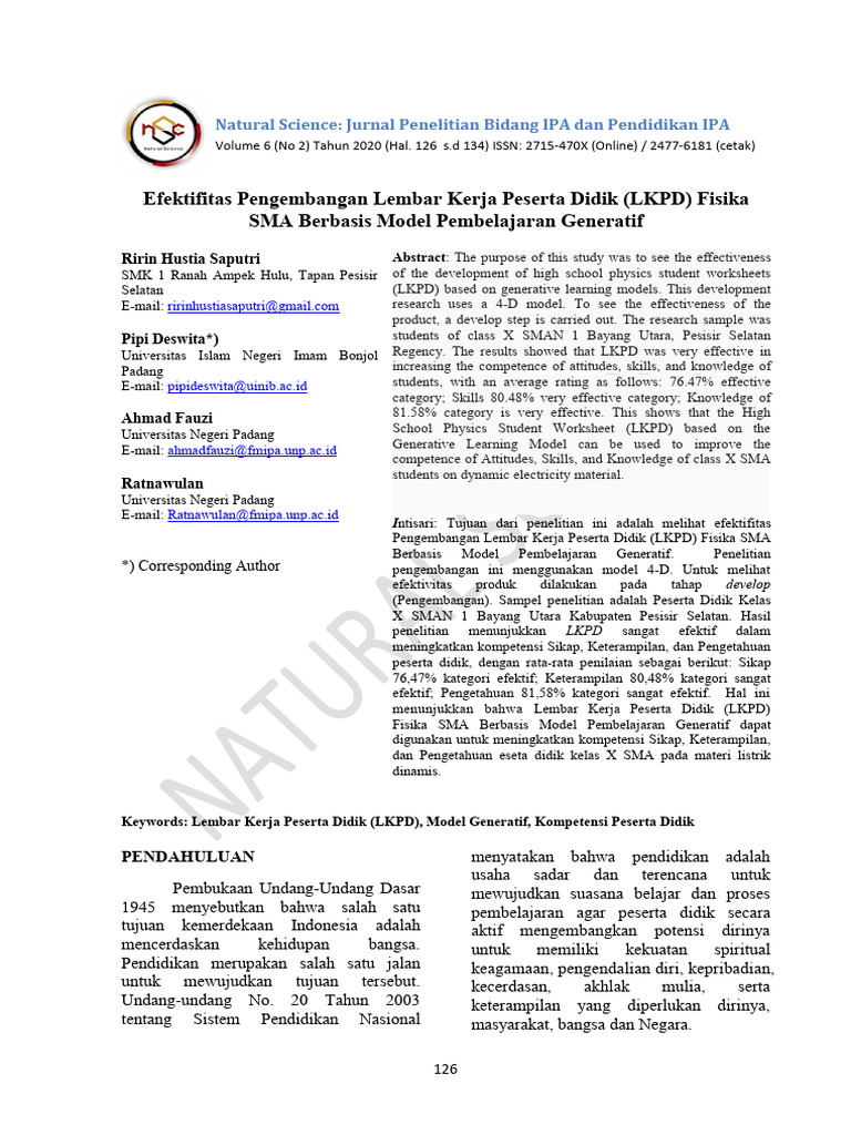 Efektifitas Pengembangan Lembar Kerja Peserta Didik (LKPD) Fisika SMA Berbasis Model ...