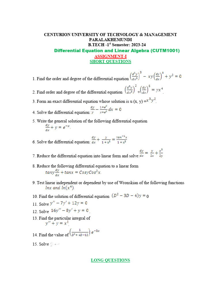 Assignments - Differential Equation and Linear Algebra (CUTM1001) | PDF | Eigenvalues And ...