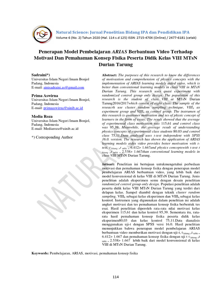 Penerapan Model Pembelajaran ARIAS Berbantuan Video Terhadap Motivasi Dan Pemahaman Konsep ...