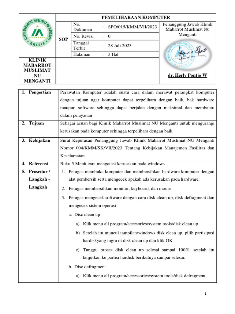 Sop Pemeliharaan Komputer | PDF