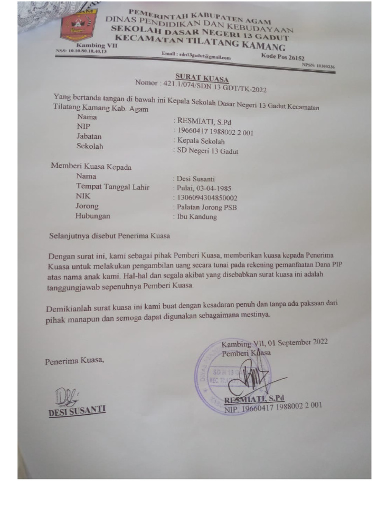 Contoh Surat Kuasa Pengambilan Pip | PDF