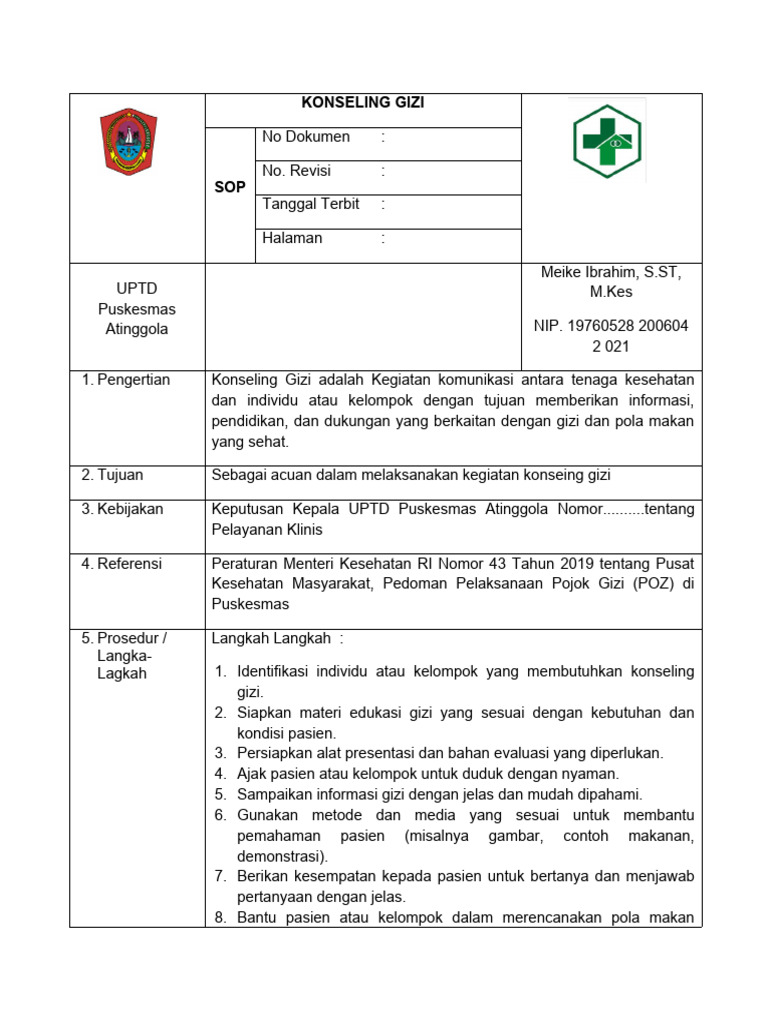 Sop Konseling Gizi | PDF