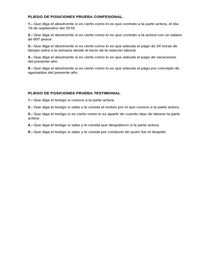 Pliego de Posiciones Prueba Confesional | PDF Pliego de Posiciones Prueba Confesional | PDF