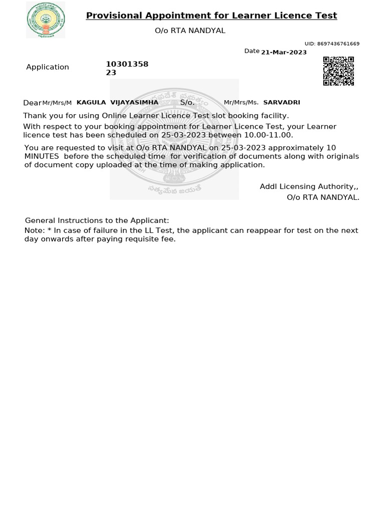 Provisional Appointment For Learner Licence Test | PDF