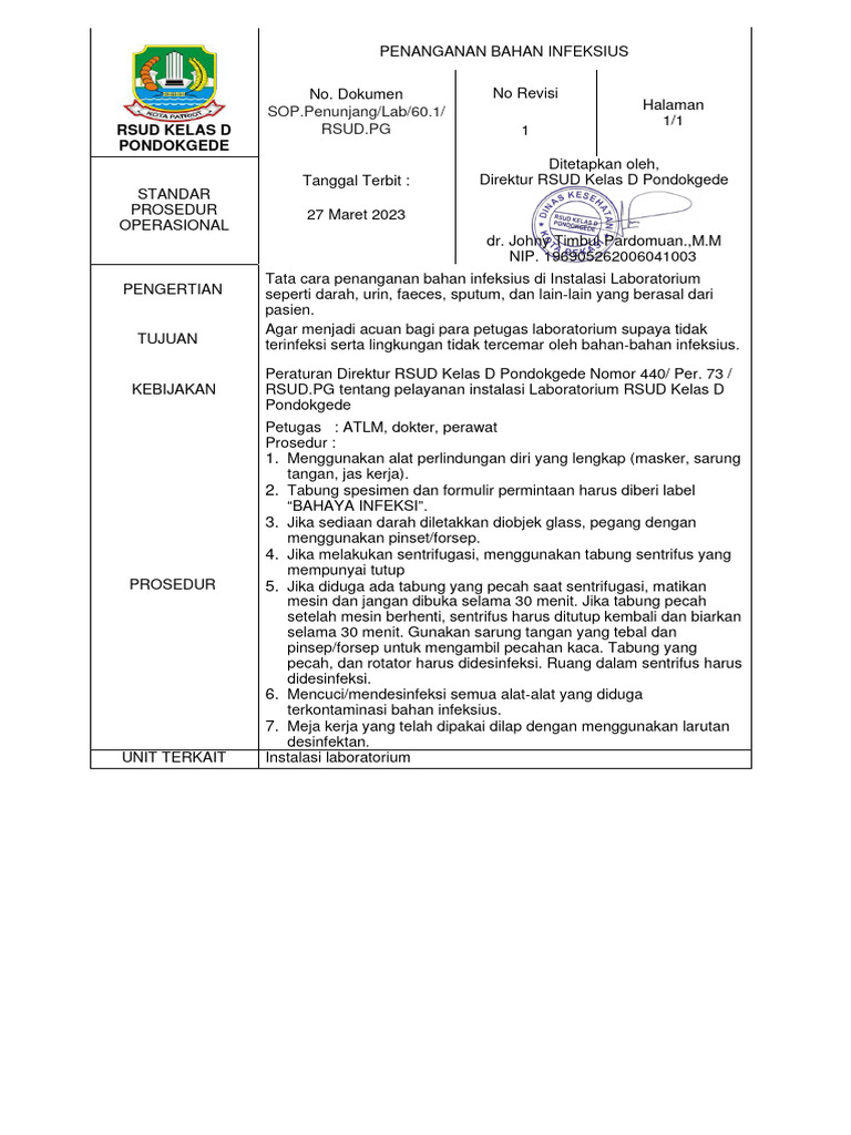 SPO Penanganan Bahan Infeksius | PDF
