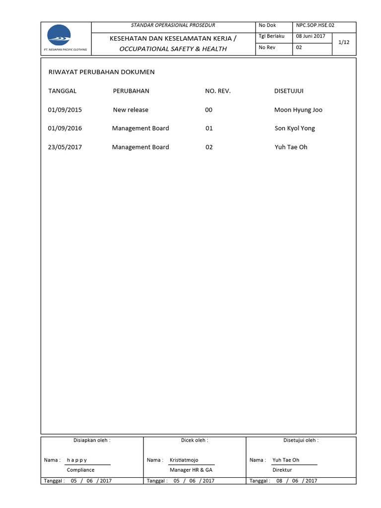 NPC - SOP - HSE - 02 - Kesehatan Dan Keselamatan Kerja | PDF