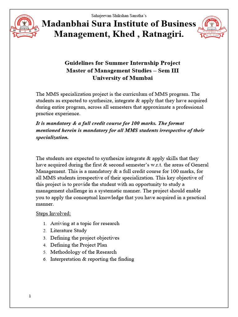 Guidelines For Summer Internship Project Report Semester 3 | PDF