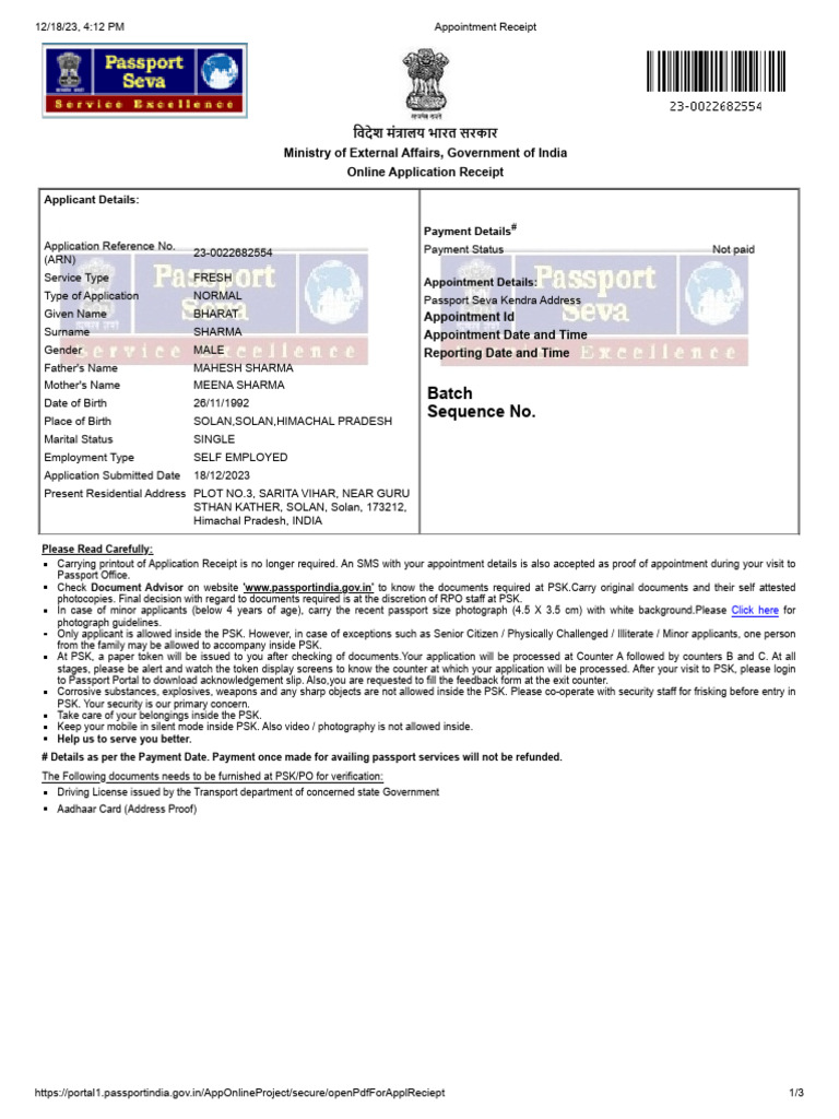 Passport Appointment Receipt | PDF | Identity Document | Birth Certificate