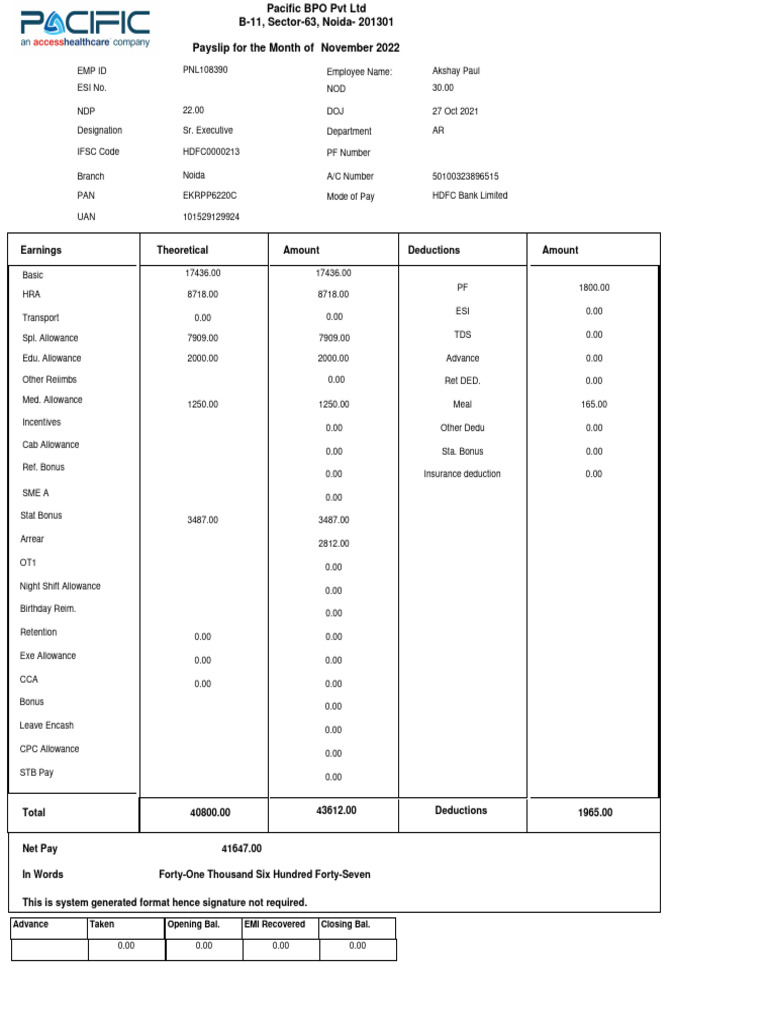 Salary Slip Oct Pacific | Download Free PDF | Employment Compensation ...