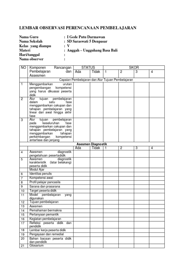 LEMBAR OBSERVASI PERENCANAAN - I Gede Putu Darmawan Anyar | PDF