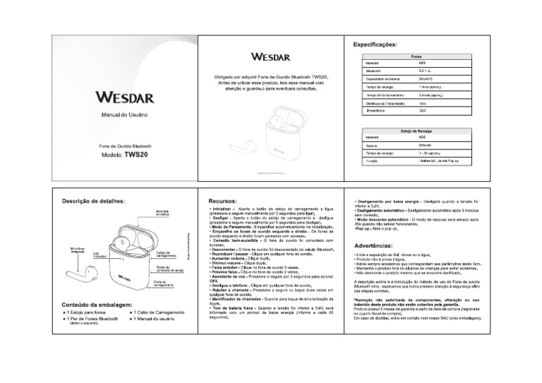 Manual Wesdar Fone de Ouvido Bluetooth Branco tws20 229215 A4 | PDF