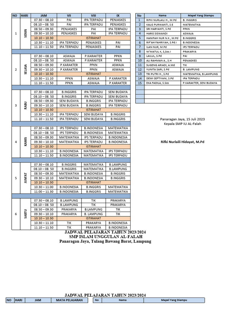 Jadwal Pelajaran SMP Iu Al-Falah 2023-2024 | PDF