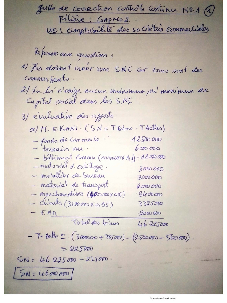 Corrigé CC N°1 Compta Société | PDF