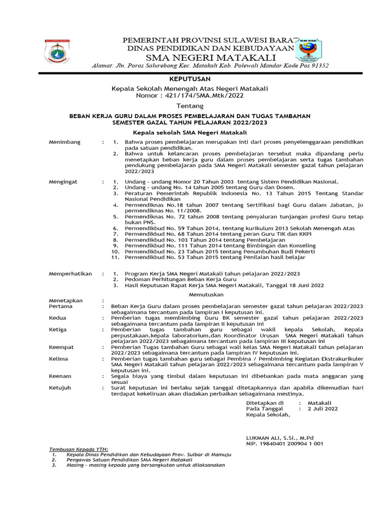 SK Pembagian Tugas SM Ganjil 2022 | PDF