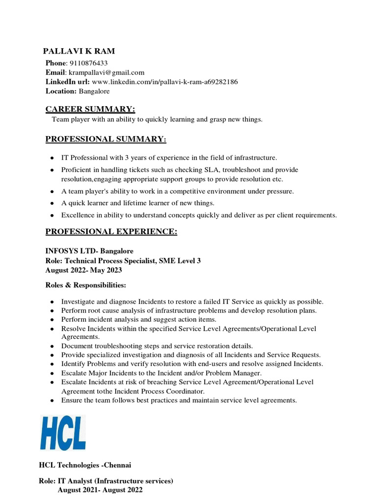 CV Pallavi | Download Free PDF | Service Level Agreement | Troubleshooting