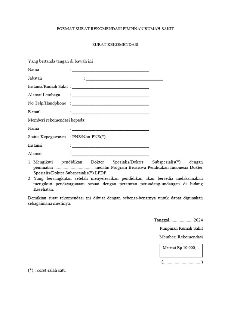 Format Surat Rekomendasi Pimpinan Rumah Sakit | PDF