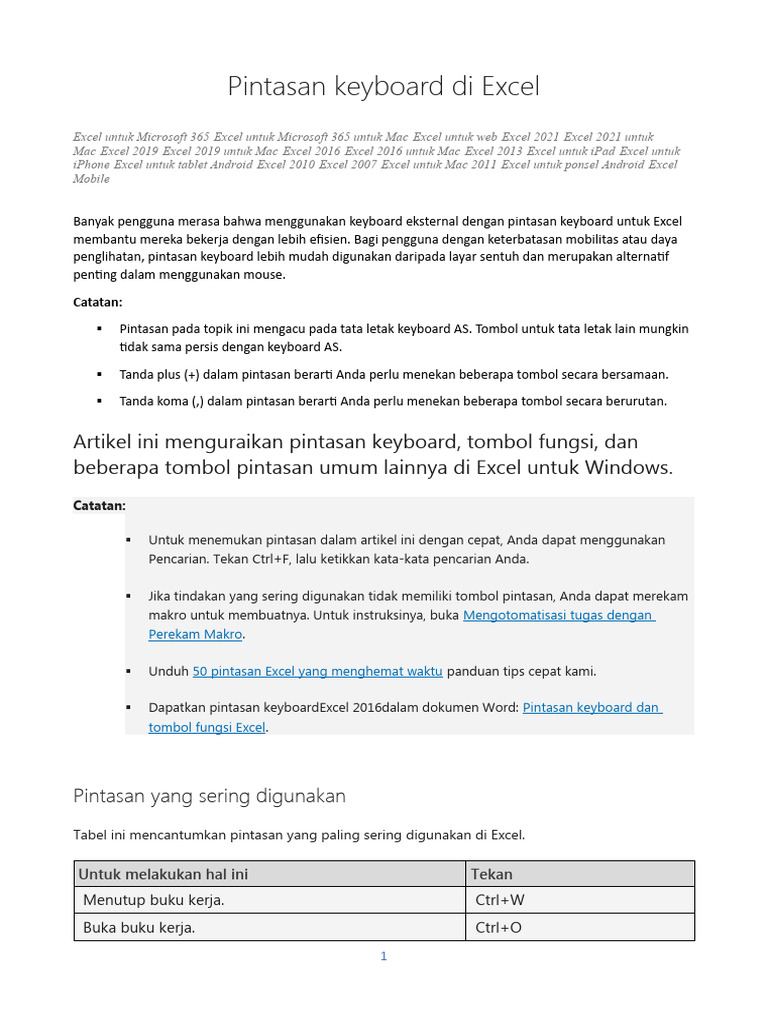 Pintasan Keyboard Excel Terbaik | PDF