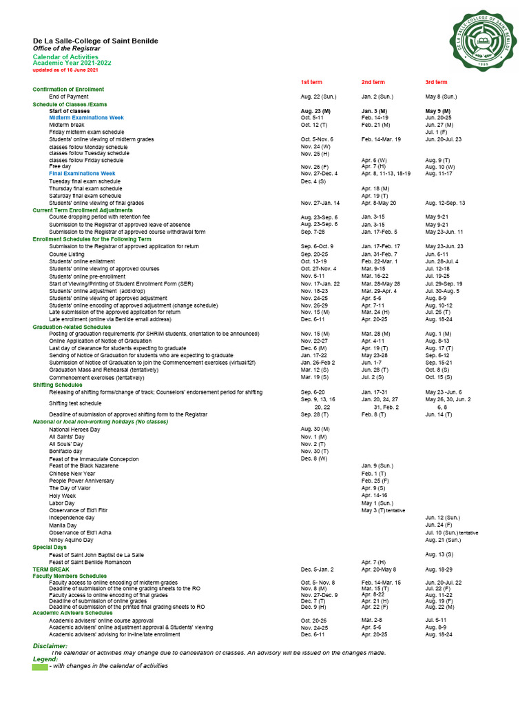 Calendar of Activities Ay 2021 2022 | PDF