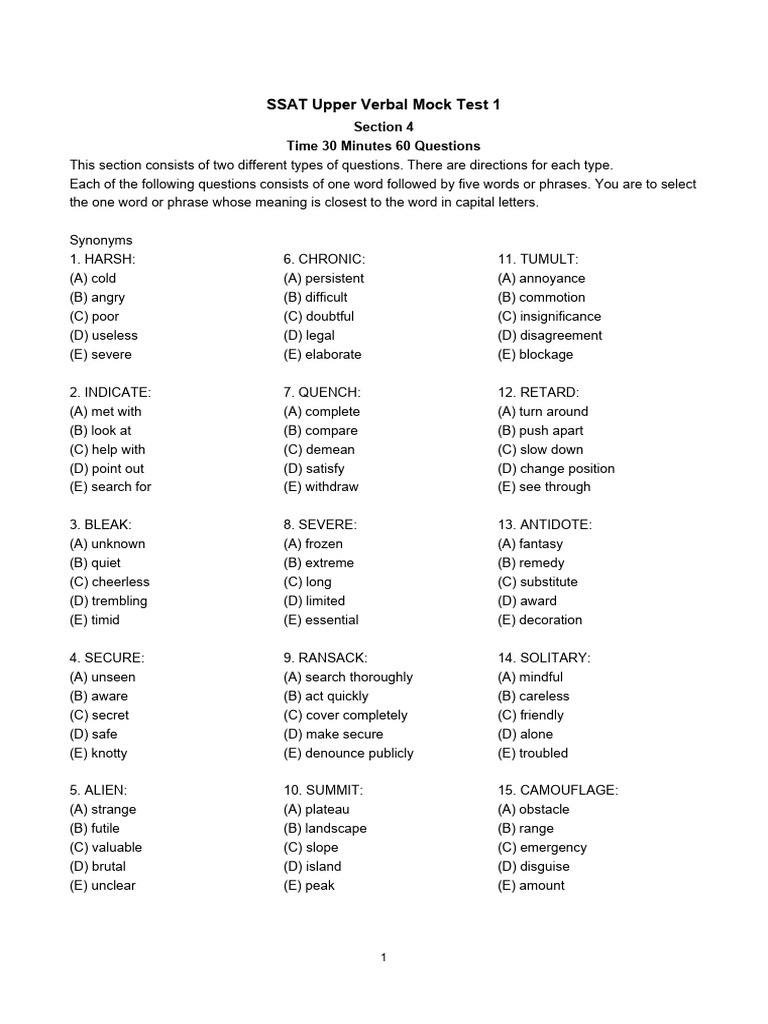 SSAT Upper Verbal Mock Test 1 | PDF