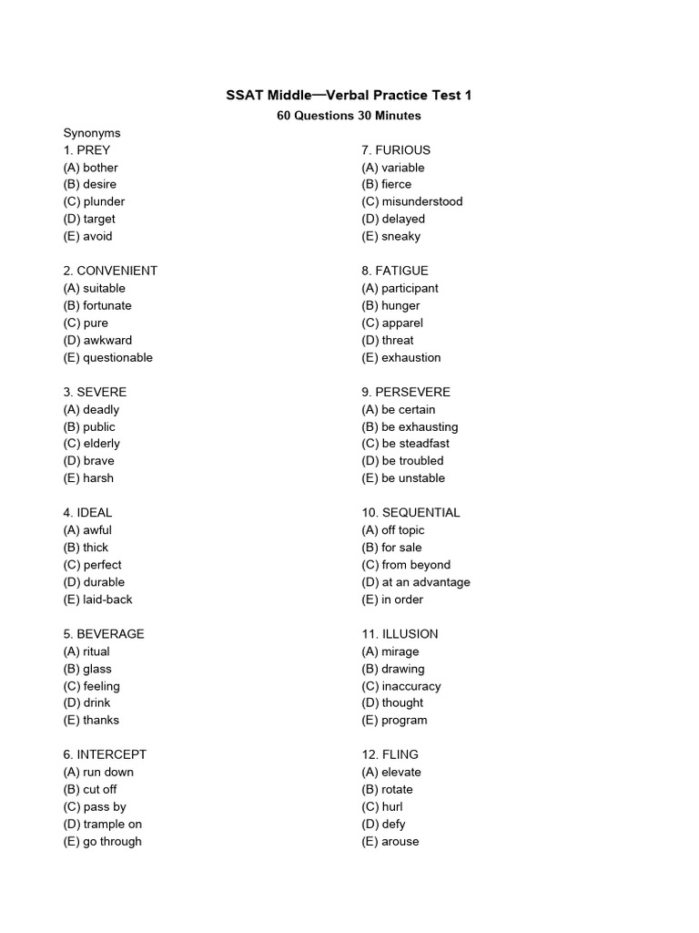 SSAT Middle Verbal Practice Test | PDF | History