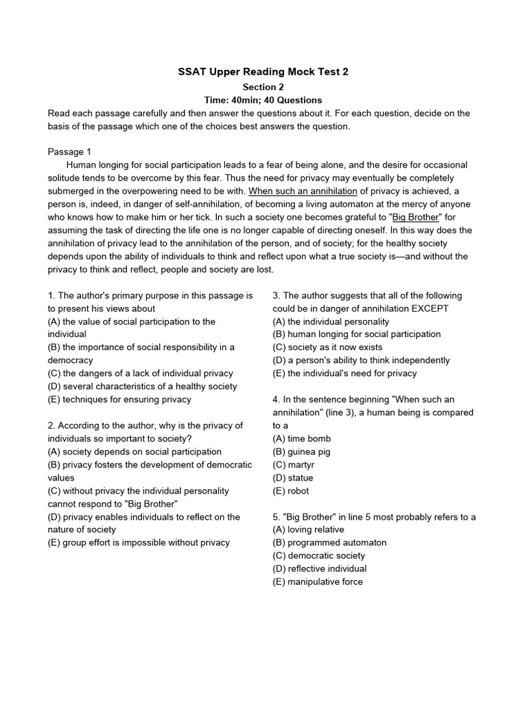 SSAT Upper Reading Mock Test 2 | PDF | Paintings | Dogs