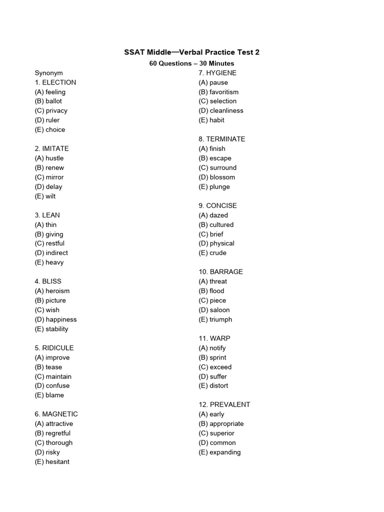 SSAT Middle Verbal Practice Test 2 | PDF