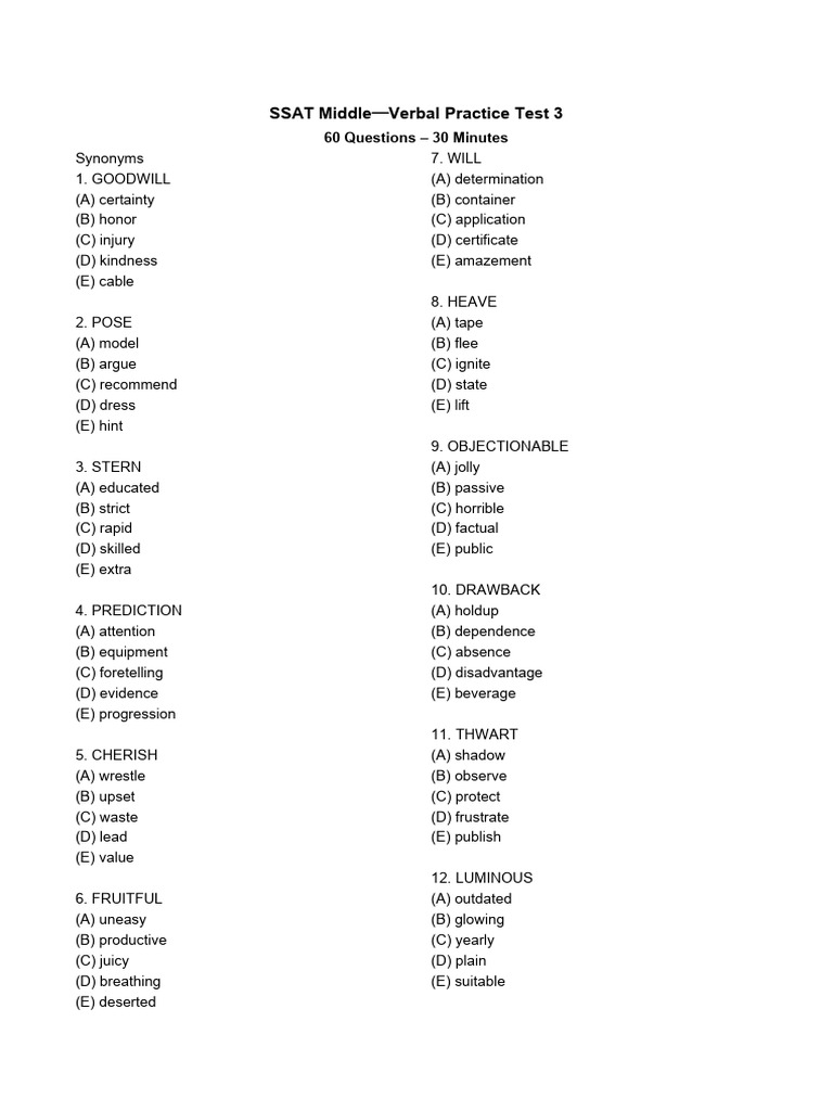 SSAT Middle Verbal Practice Test 3 | PDF
