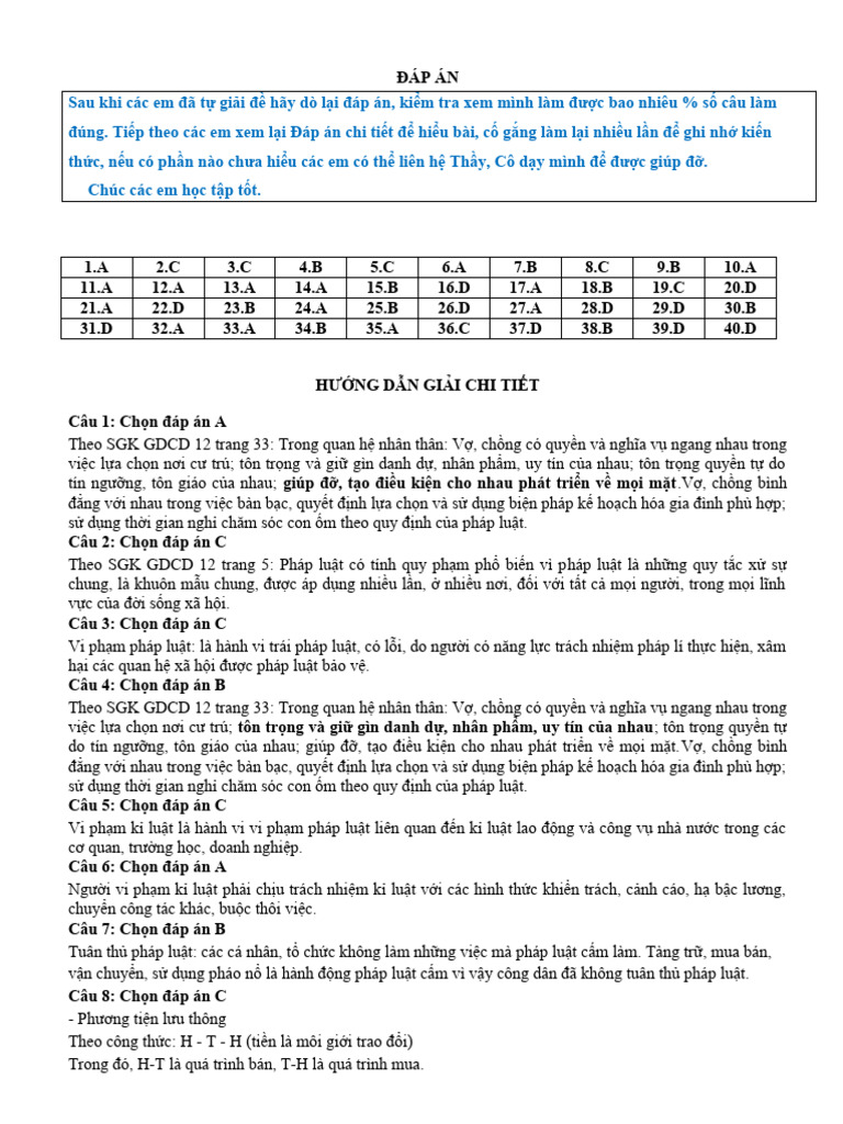 Dap An GDCD 12 | PDF