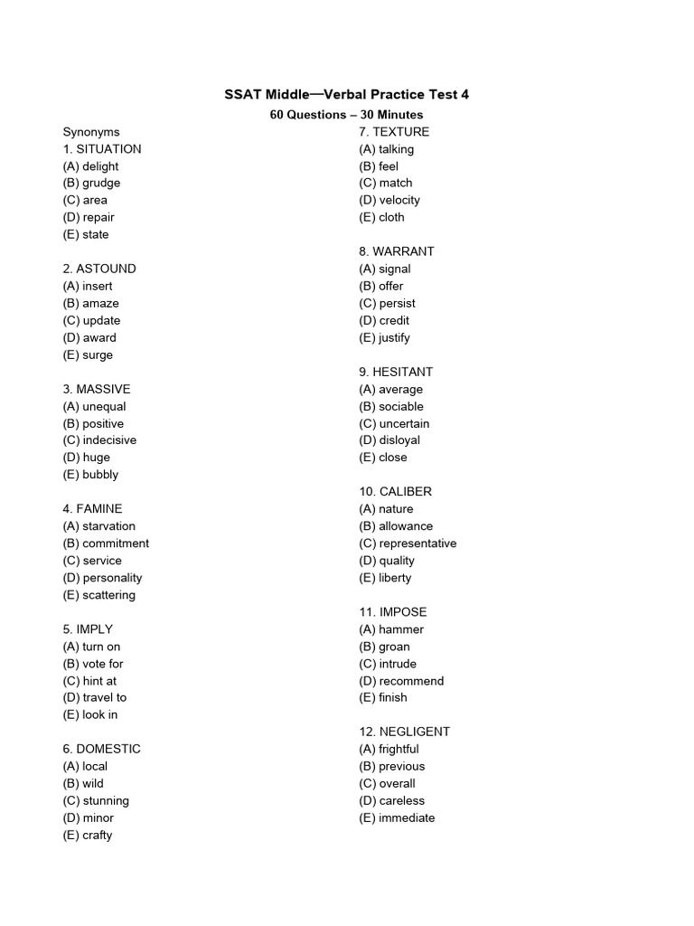 SSAT Middle Verbal Practice Test 4 | PDF