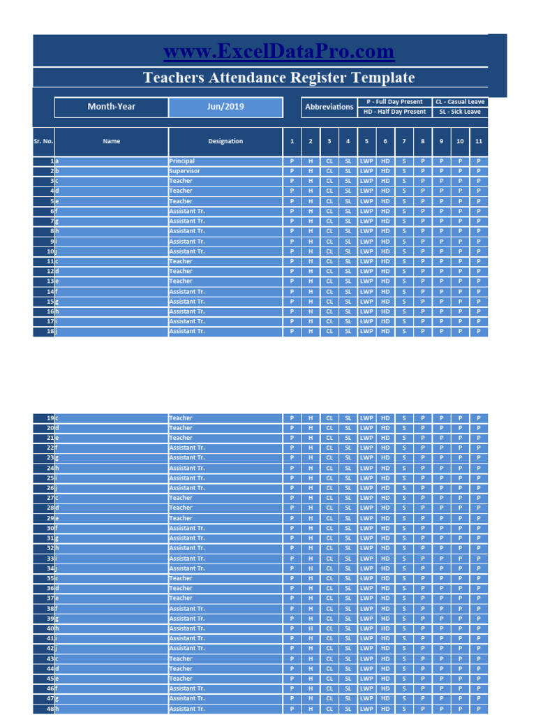 Teachers Attendance Register Template | PDF