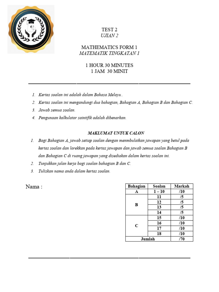 Matematik - Test 2 (Form 1) | PDF