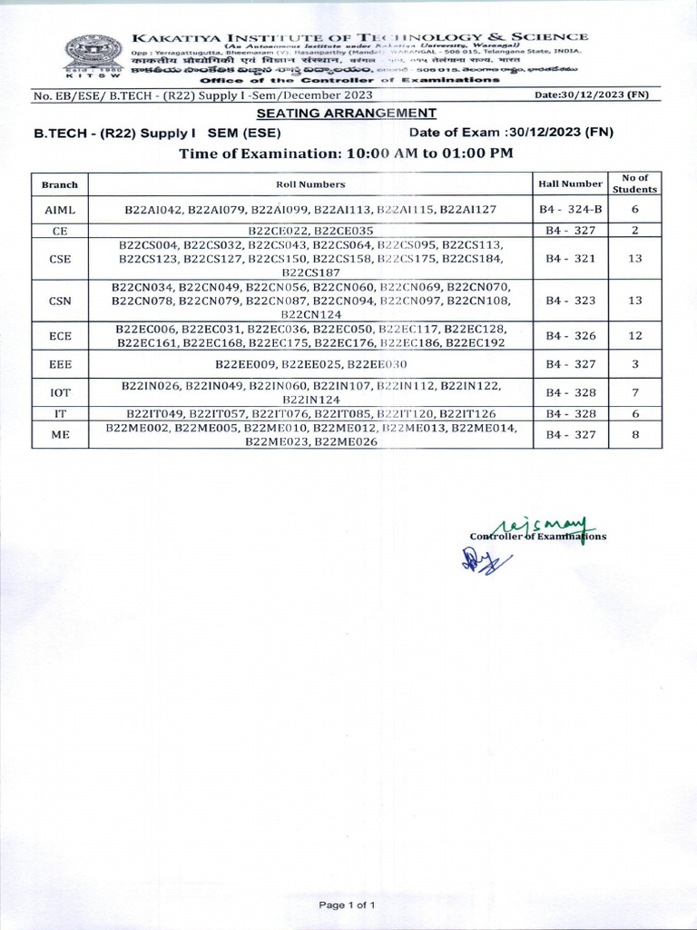 ESE Seating Arrangement - B.Tech I Sem R22 - 30.12.2023 (FN) Supply | PDF ESE Seating Arrangement - B.Tech I Sem R22 - 30.12.2023 (FN) Supply | PDF