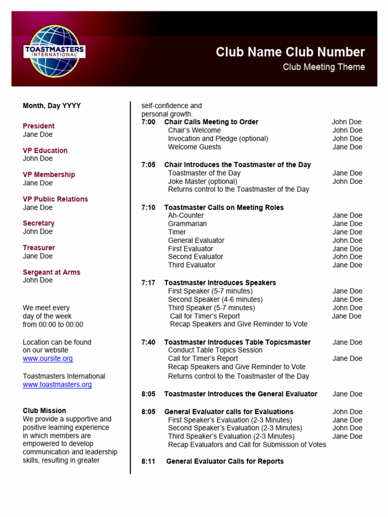 Toastmasters Meeting Agenda Template | PDF