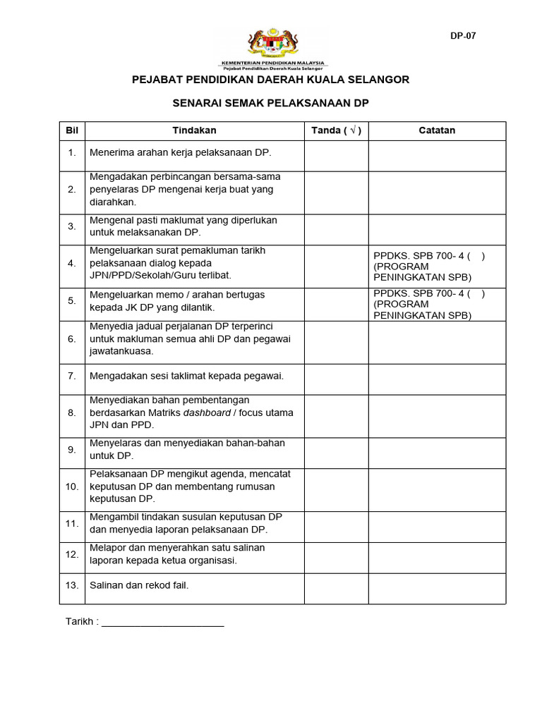 Borang DP 07 - Senarai Semak Pelaksanaan DP PPDKS | PDF