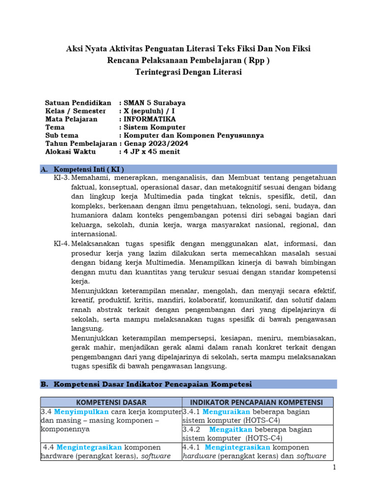 RPP Informatika Kelas X: Sistem Komputer | PDF | Karier & Perkembangan | Komputer