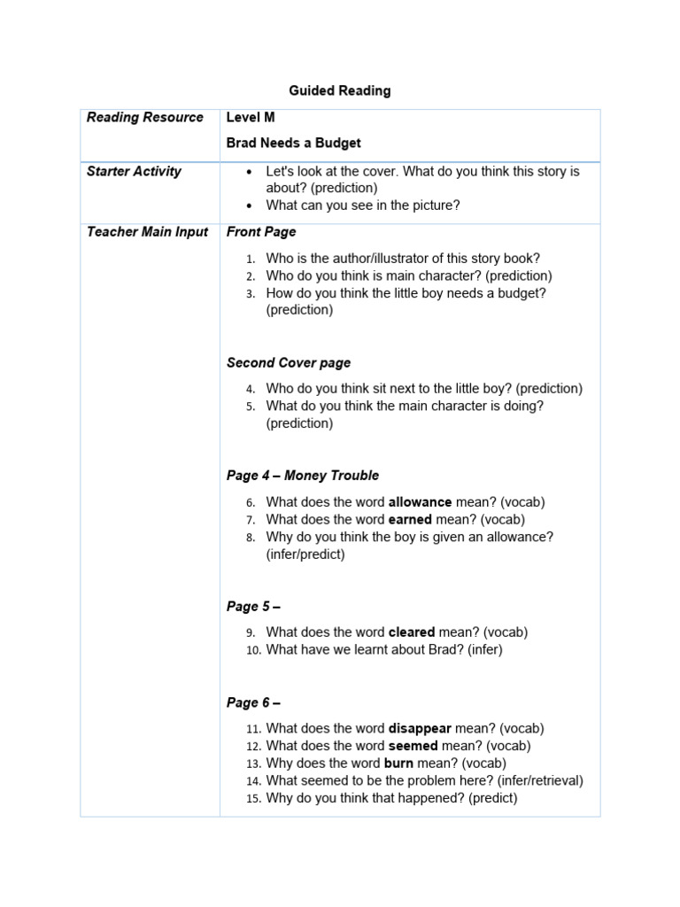 Guided Reading Level M Brad Needs A Budget | PDF
