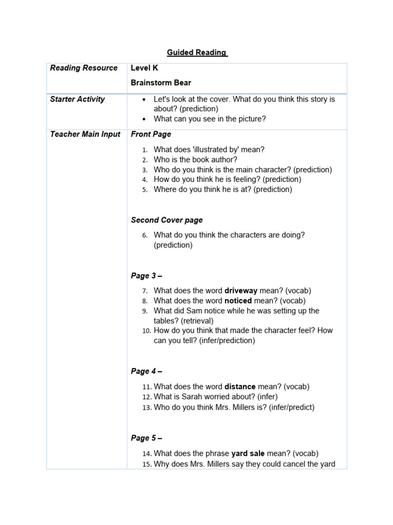 Guided Reading Level K Brainstorm Bear | PDF